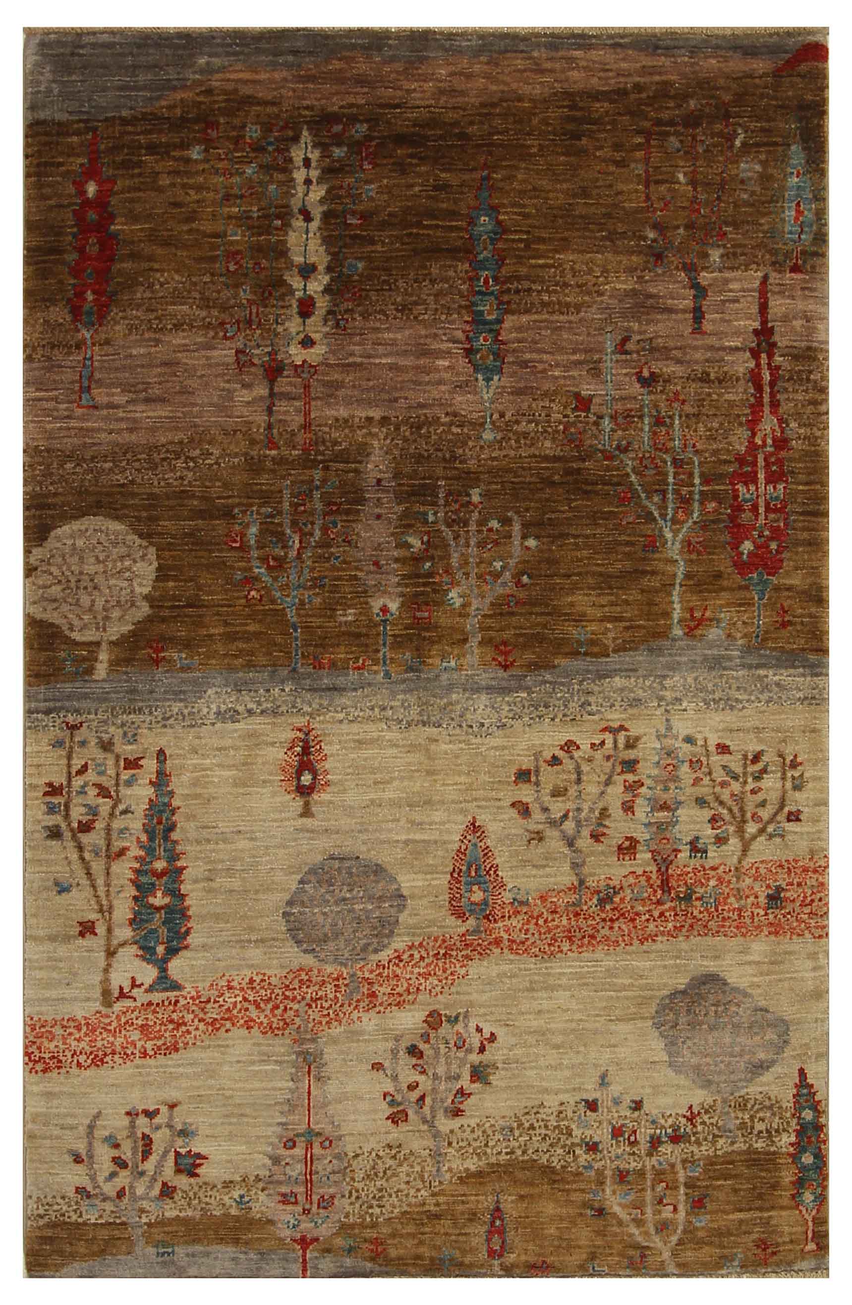 3x5 Gray Brown Gabbeh Afghan Hand wool Landscape Rug | Yildiz Rugs