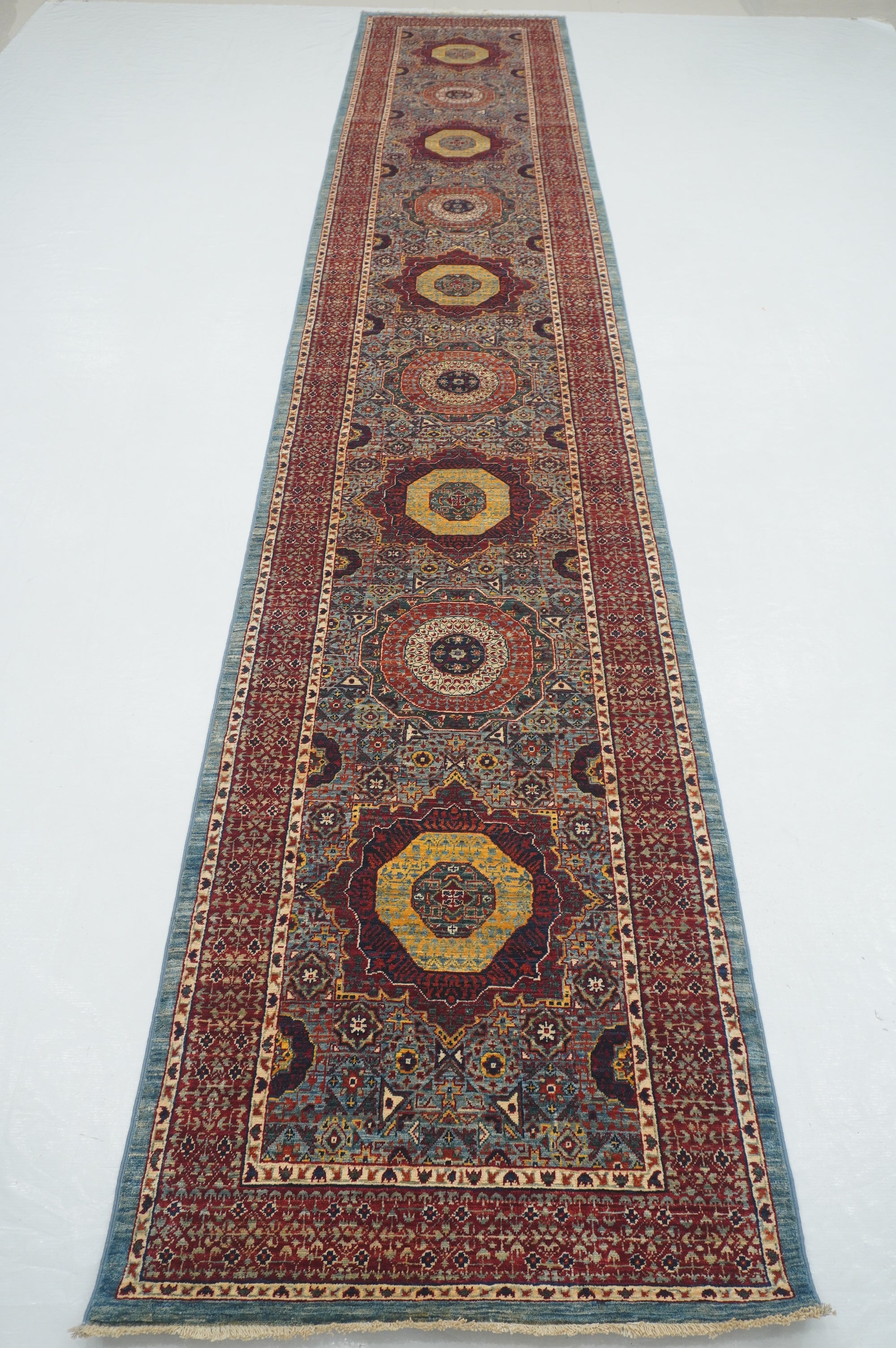 2 x 15 Ft Blue Afghan Super Fine Mamluk Hand knotted Medallion Runner ...