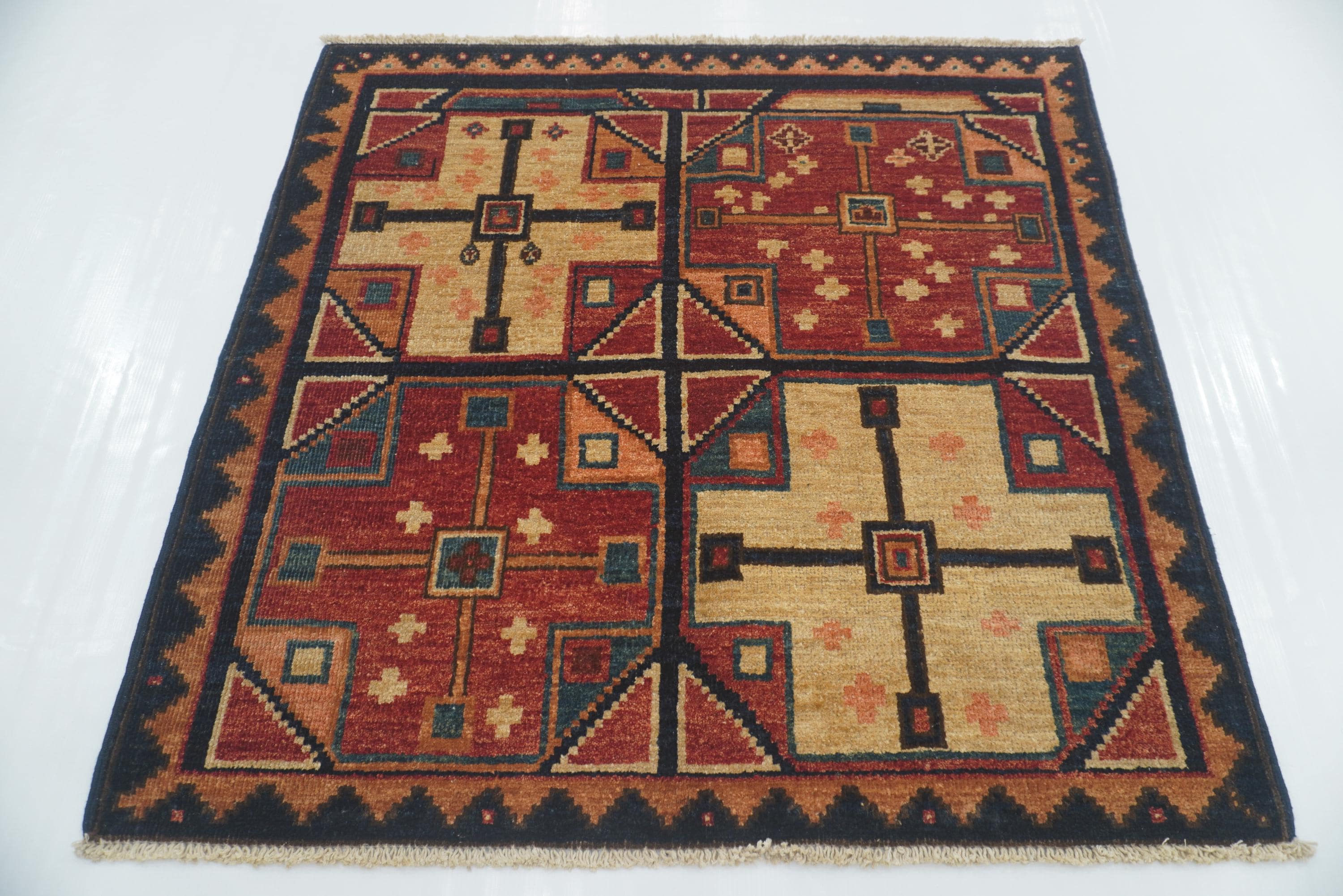 3x3 Vintage Square Rug: Red Beige Blue Afghan Hand Knotted Entryway Ru